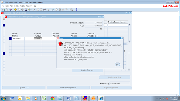 App Sqlap 10000 Ora 01403 No Data Found Occured In Apwithholdingpkg 7539