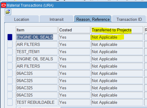Miscellaneous issue of item to projects shows the item as "Not applicable — oracle-mosc