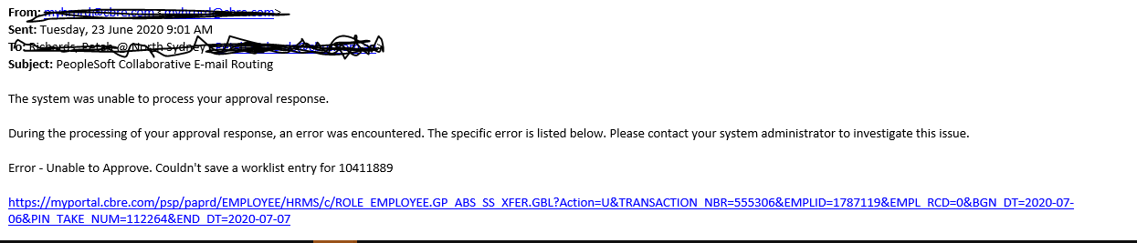 Error Unable To Approve Couldn T Save A Worklist Entry For Employeeid In The Absence Request