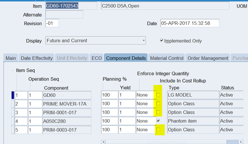 Include in cost roll up flag in Bill of Material for Config item — oracle-mosc