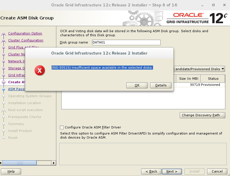[INS-30515] Insufficient space available in the selected disks — oracle-mosc