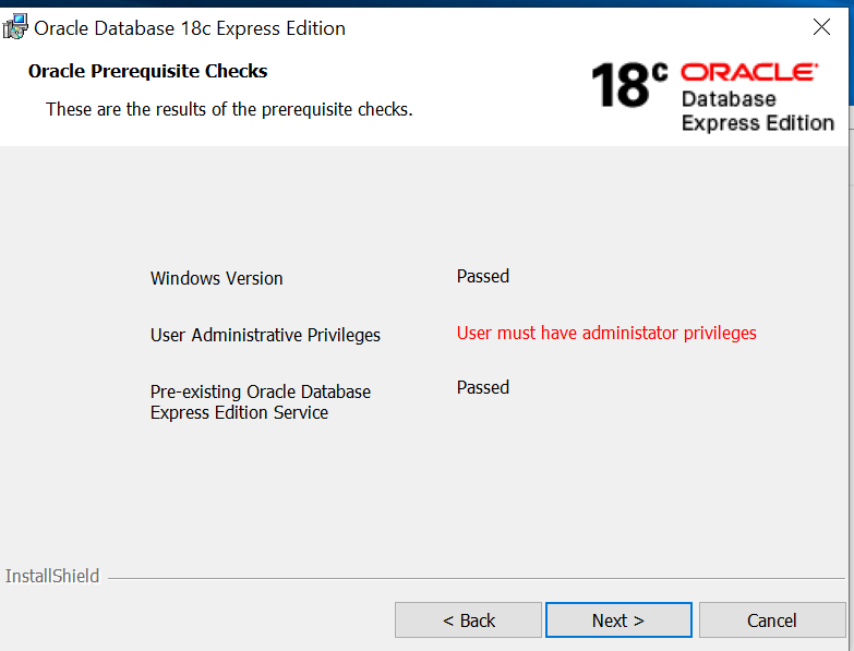 user must have administrator privileges on 18c express edition — oracle-mosc