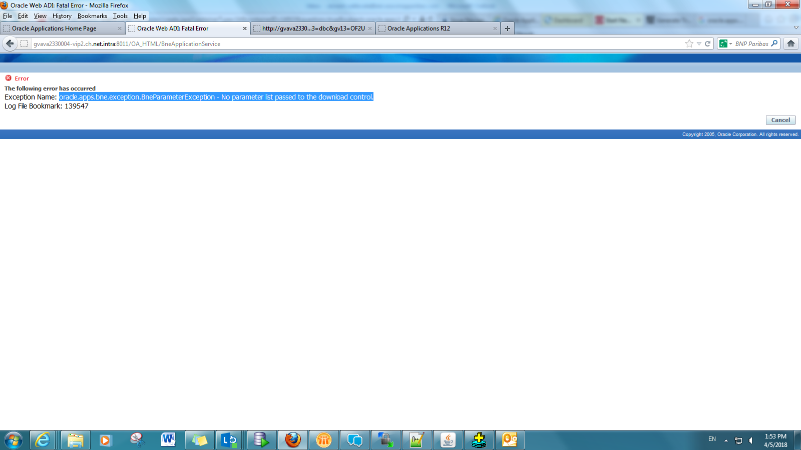 oracle.apps.bne.exception.BneParameterException - No parameter list ...