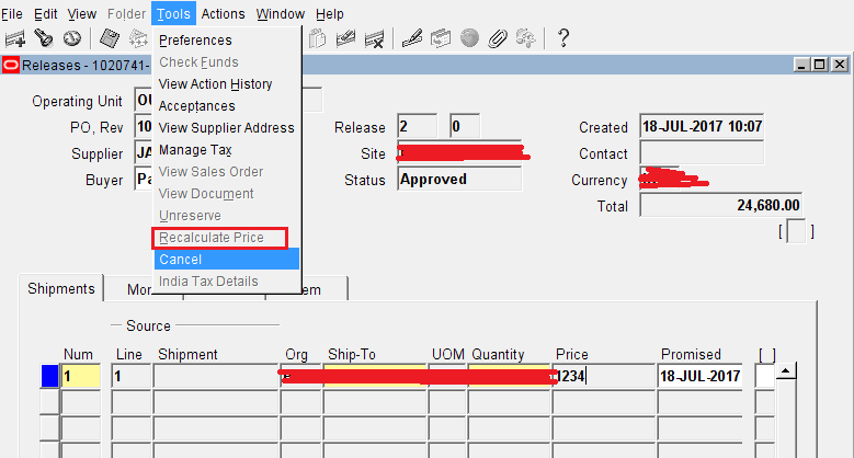 Changing price in PO release — oracle-mosc
