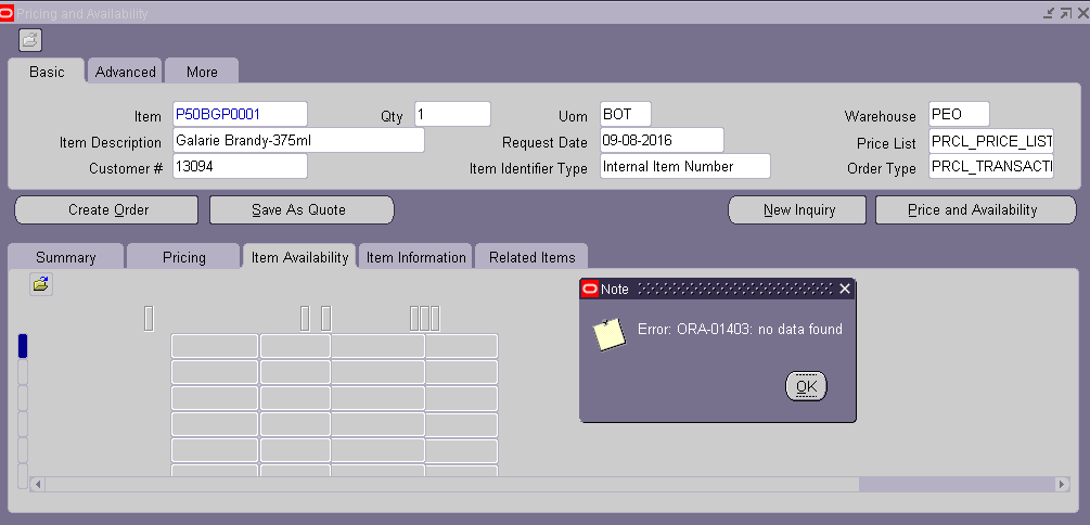 Item Availability Region Of Pricing And Availability Form Doesnt Show Any Data — Oracle Mosc