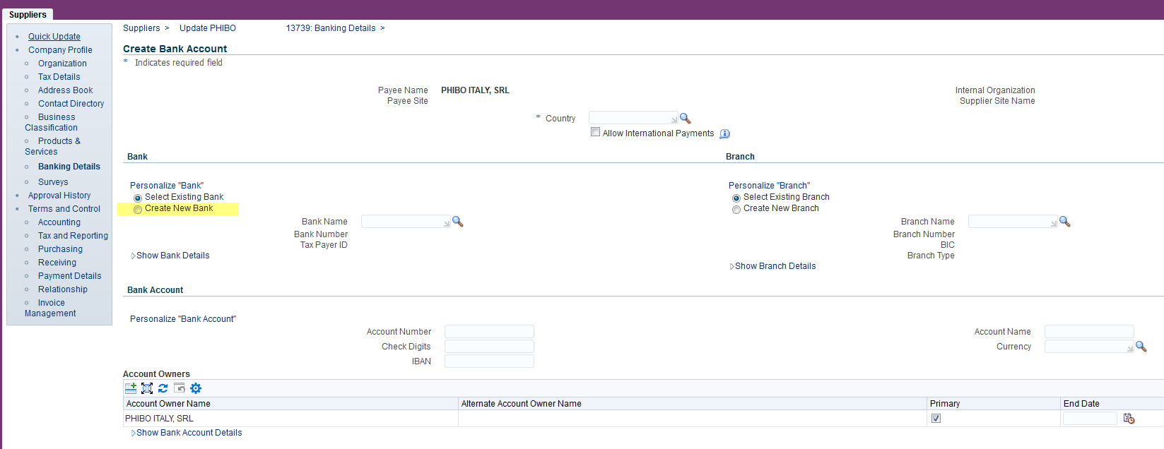 Prevent users to create New Banks in Suppliers Bank Details form ...