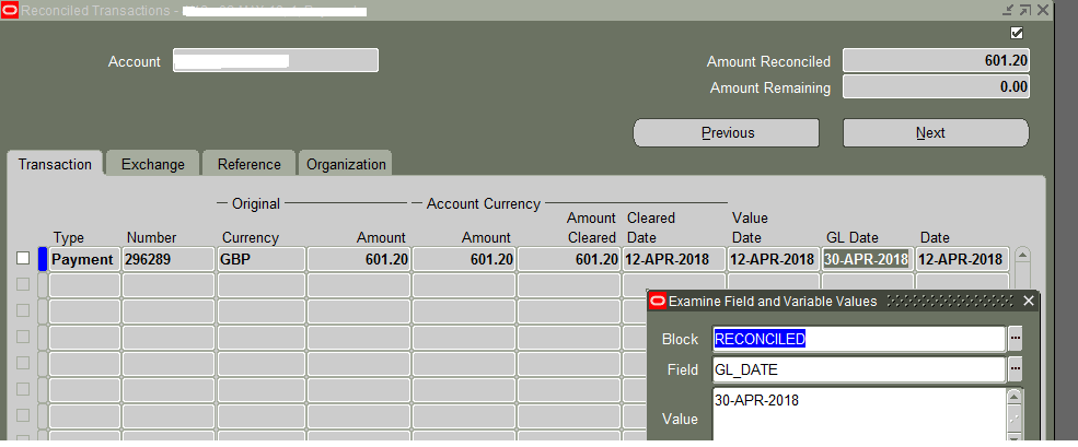 Query to select reconciled payment by GL DATE of transaction — oracle-mosc