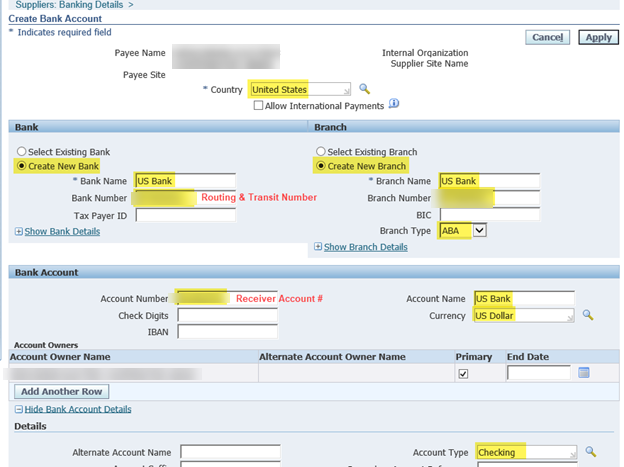 Which Table Has Supplier Bank Number Routing And Transit Number — Oracle Mosc