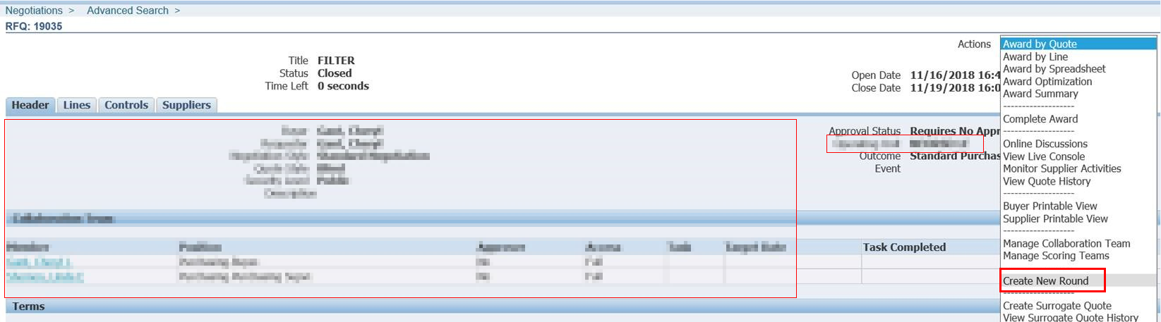 "Create New Round" in RFQ Actions. — oracle-mosc