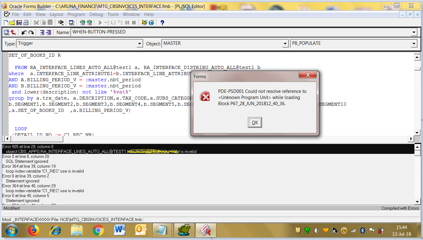 forms builder error — oracle-mosc