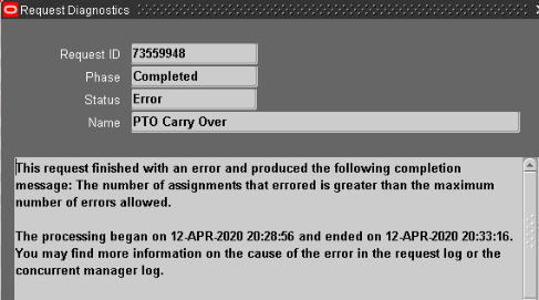 Error While running PTO Carry over — oracle-mosc