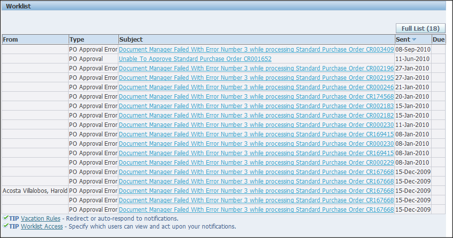 How can I clear the worklist on the Oracle Main Homepage — oracle-mosc