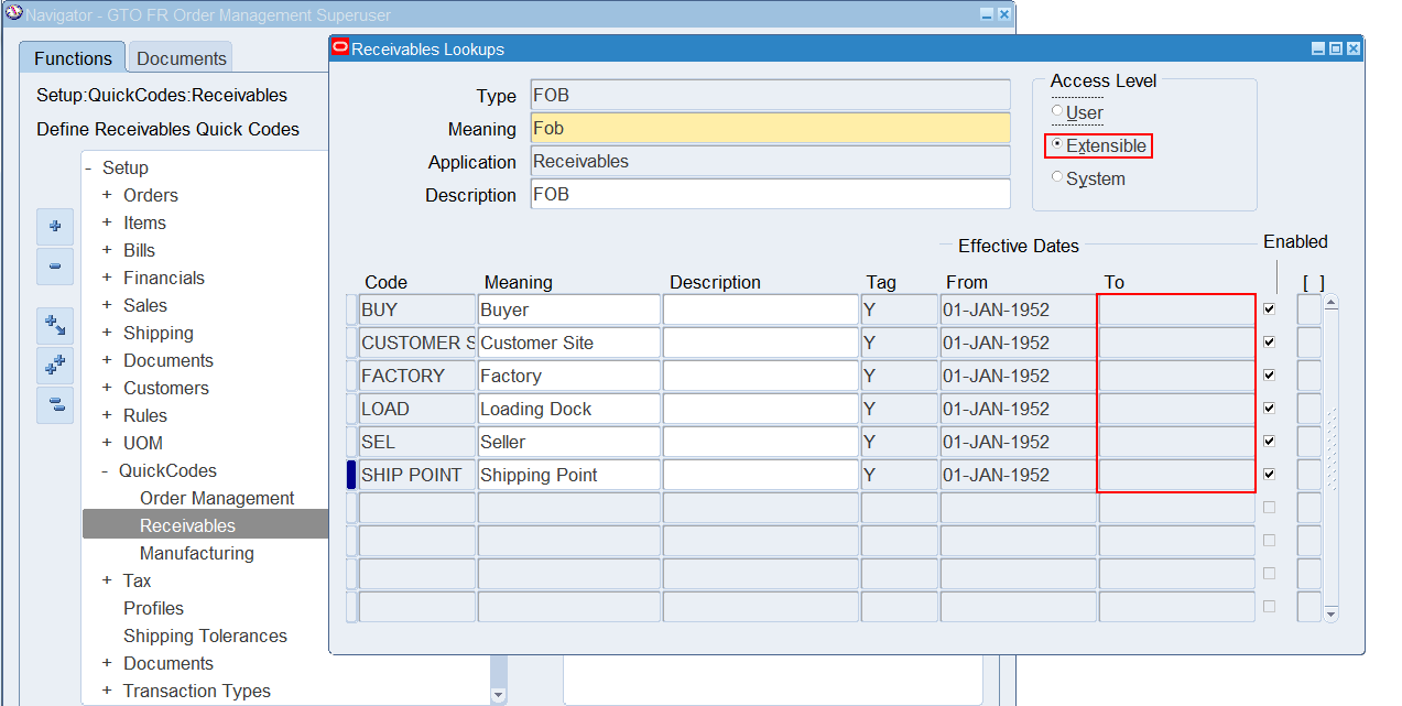 Can not be end dated/Uncheck FOB in quick code lookups — oracle-mosc