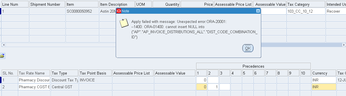 Error while adding tax lines in RTV debit memo india tax details form — oracle-mosc