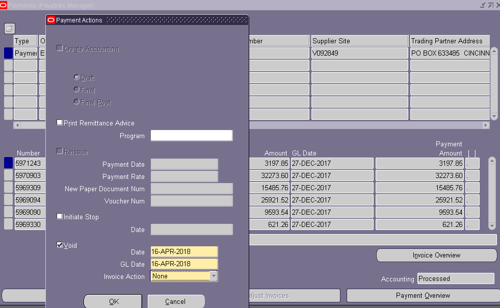 Unable To Void The Check And Cancel An Invoice In Payment Workbench — Oracle Mosc