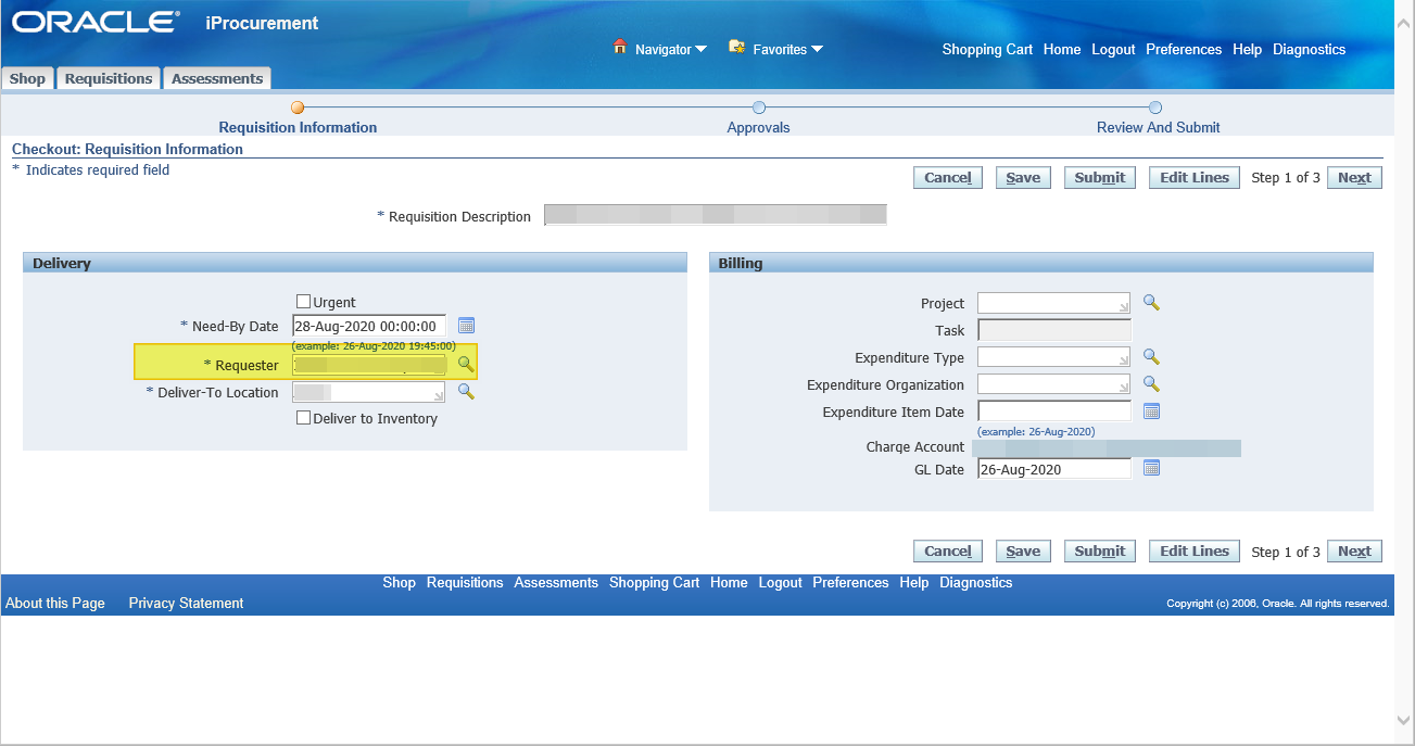 I am unable to change the requester whiles creating a requisition ...