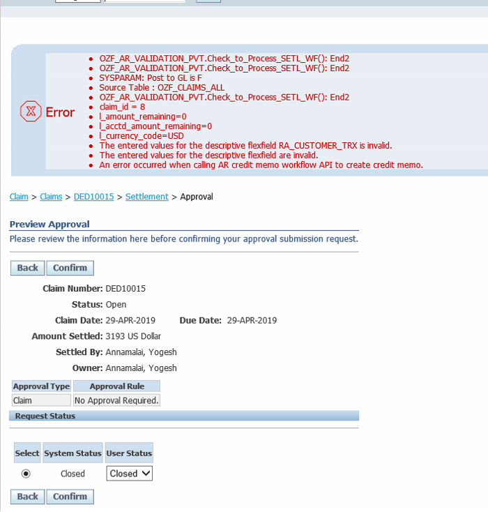 Invoice related claim - API error while passing claim details to AR for credit memo — oracle-mosc