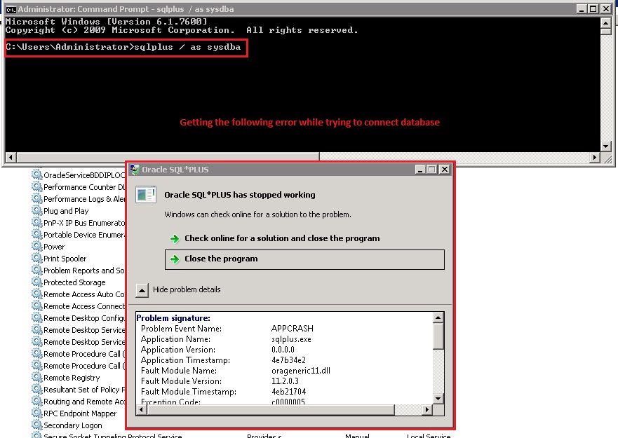 Fault Module Name: orageneric11.dll, can not connect database or start Listener — oracle-mosc
