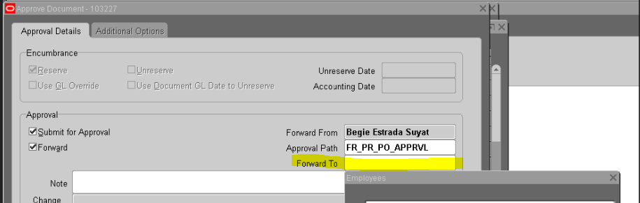 Employee Name is not shown in the Forward To list — oracle-mosc