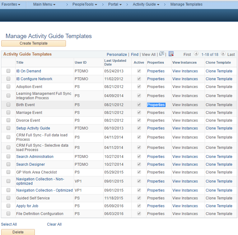 Manage Activity Guide Templates - Security to Properties of Delivered ...