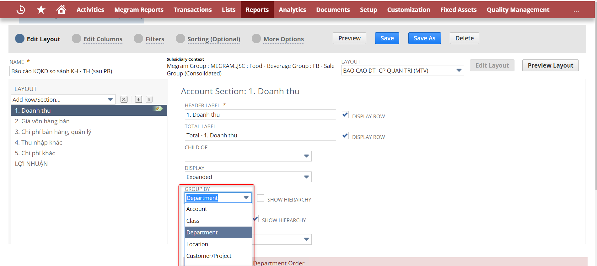 Group by custom segment in layout report buider — Oracle NetSuite ...