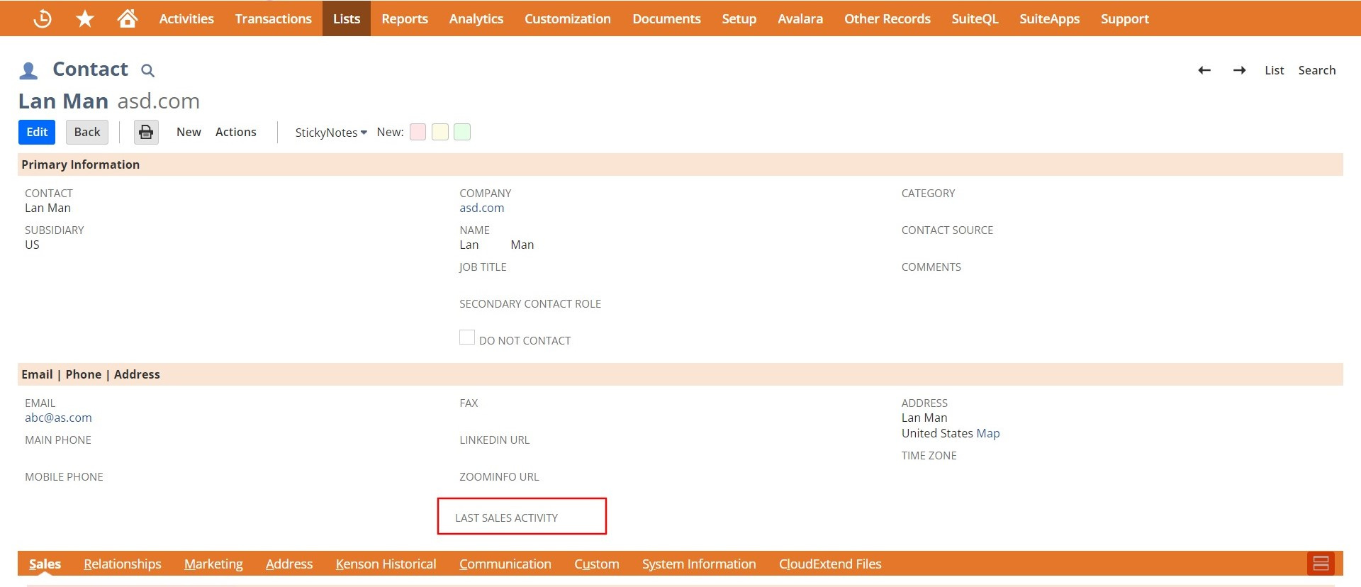 How to move the "Last Sales Activity" field in Contact form — NetSuite ...