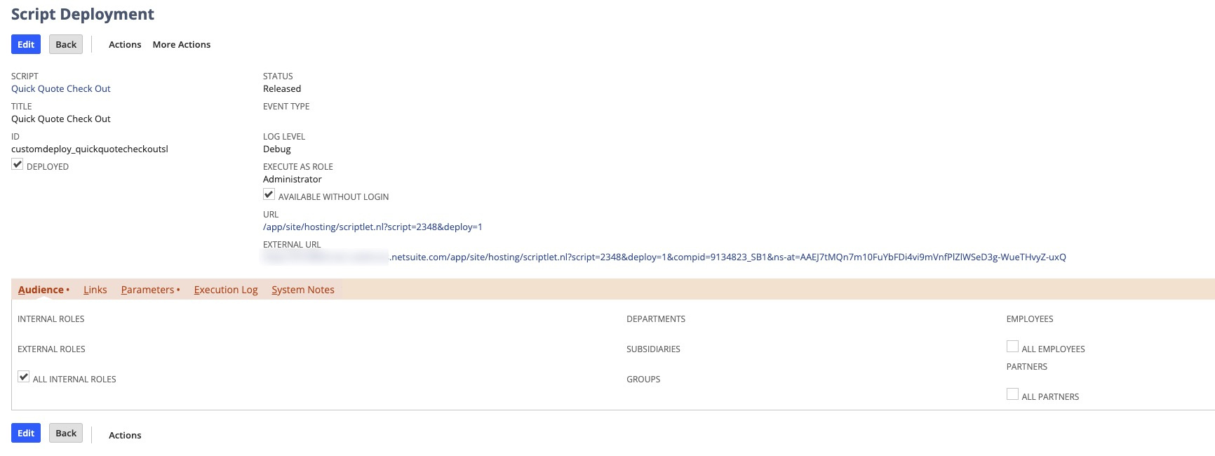 Suitelet shows "You do not have privileges to view this page ...