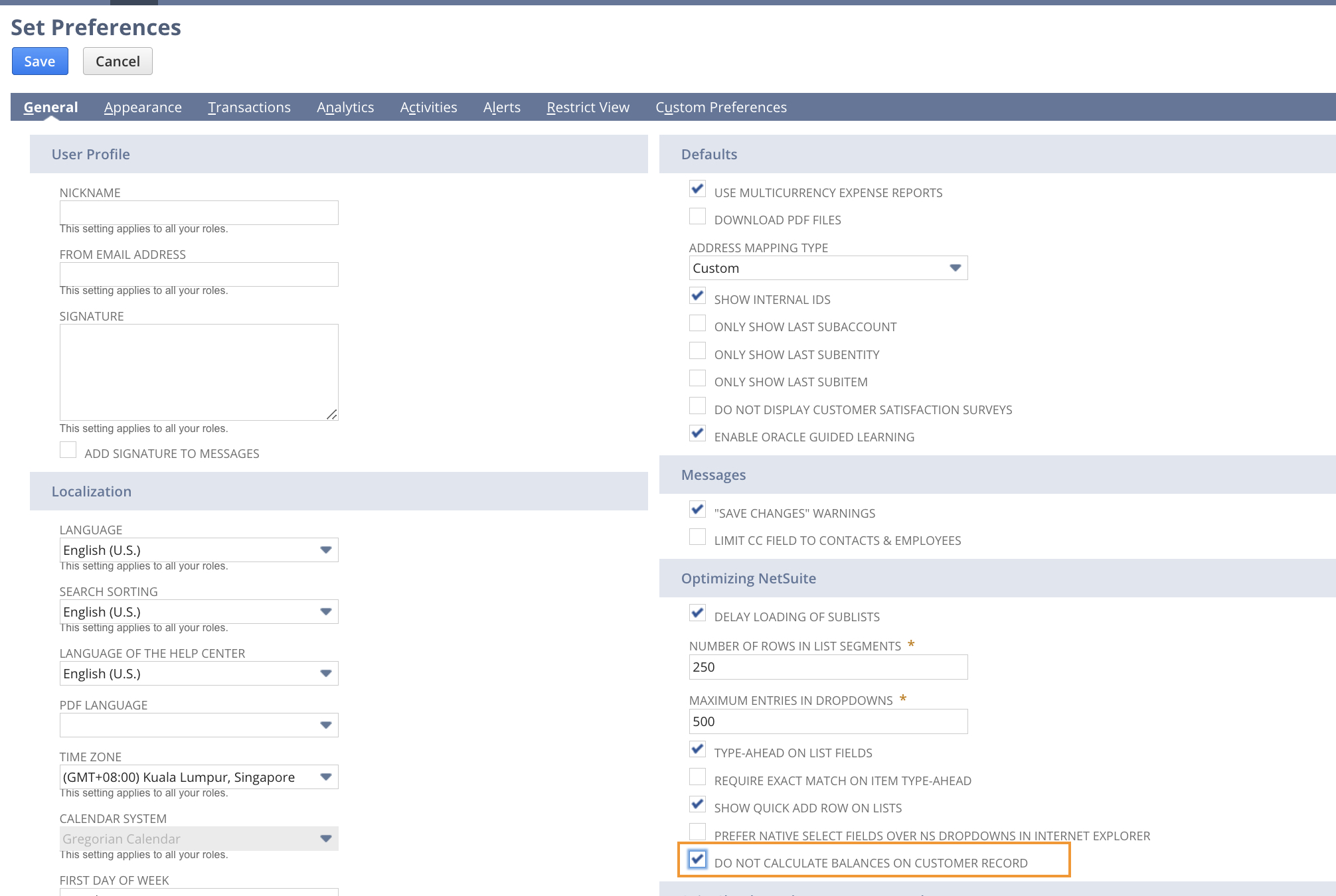 What are the effects of "Do Not Calculate Balances on Customer Record" under Set Preferences ...