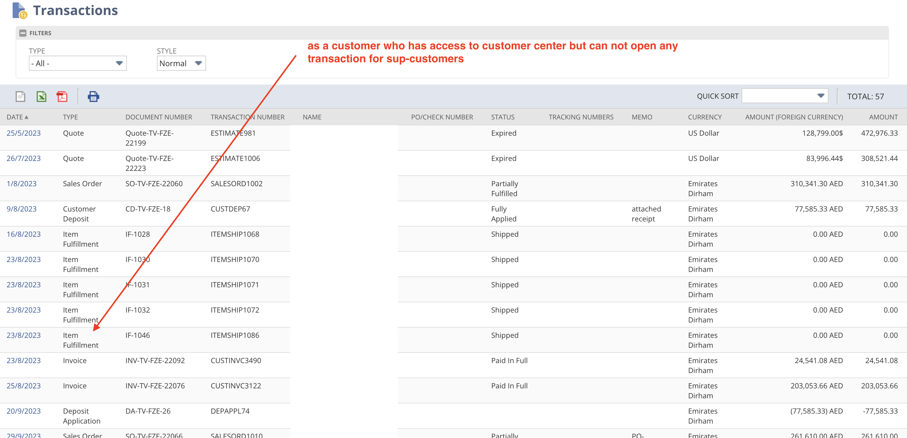 customer user (contact) can not access the sub customer transaction in ...