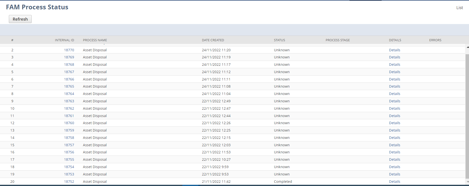 Why are my FAM (Fixed Asset Management) Process Status showing as ...