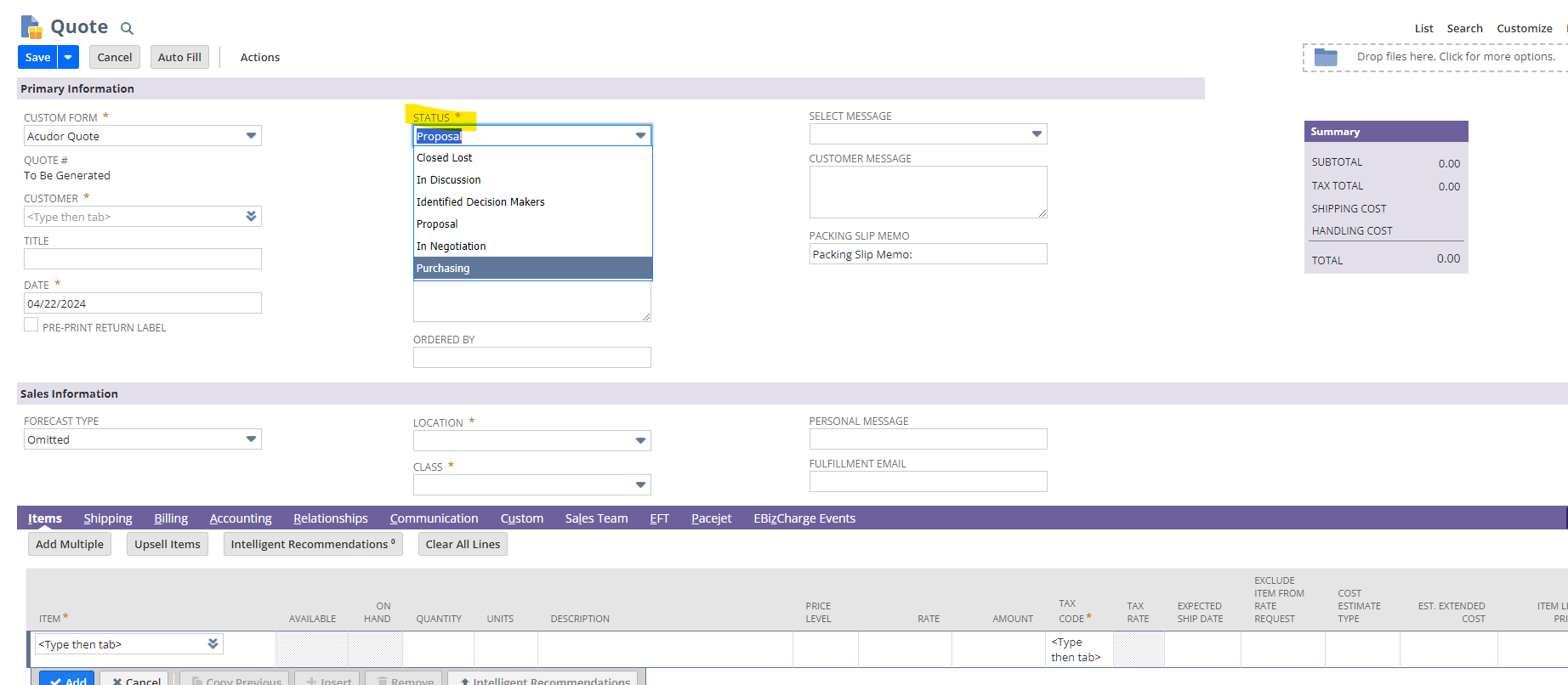 quotes form status selection — NetSuite Community