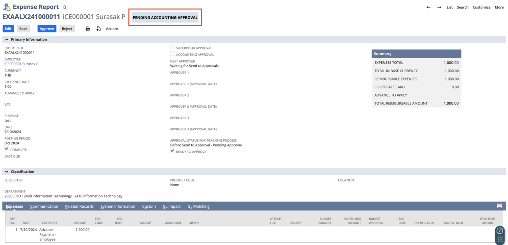 Why expense report displaying an advance to apply and a total ...