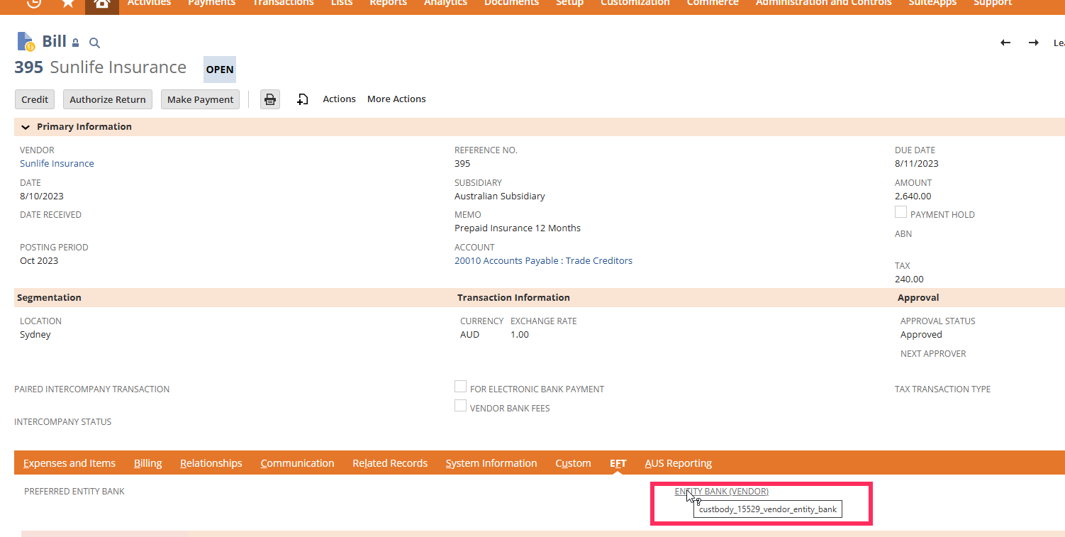 Set Entity Bank Details on a transaction record — NetSuite Community