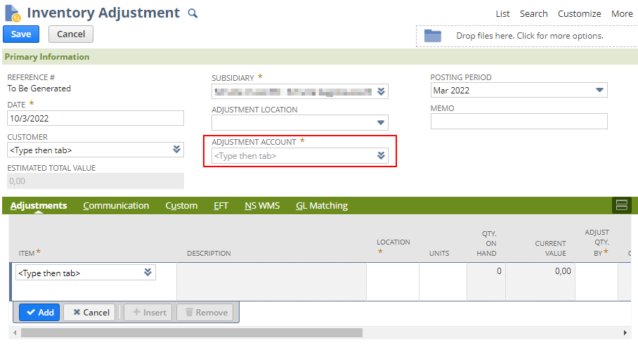 Default Adjustment Account Inventory Adjustment — NetSuite Community