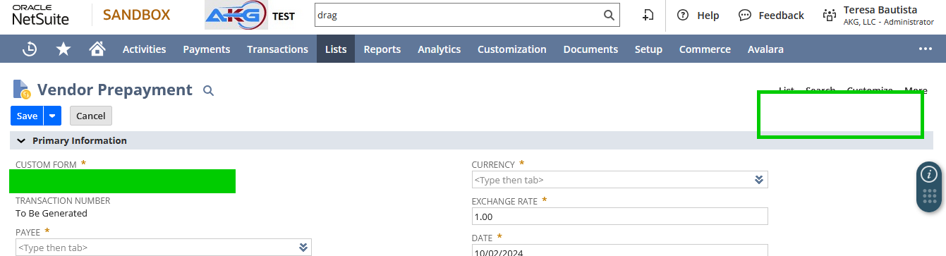 Why is the drag and drop zone missing in Vendor Prepayment creation ...