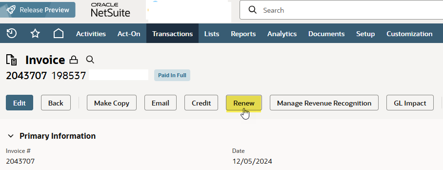 Where I can find the Renew button Internal ID on invoices to generate a ...