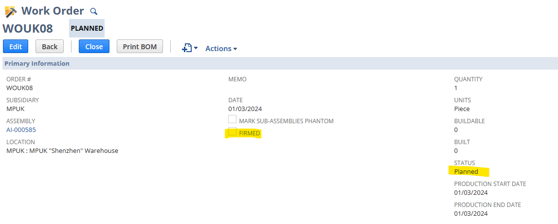 What is Firmed and Status on work orders? Regarding MRP items and ...