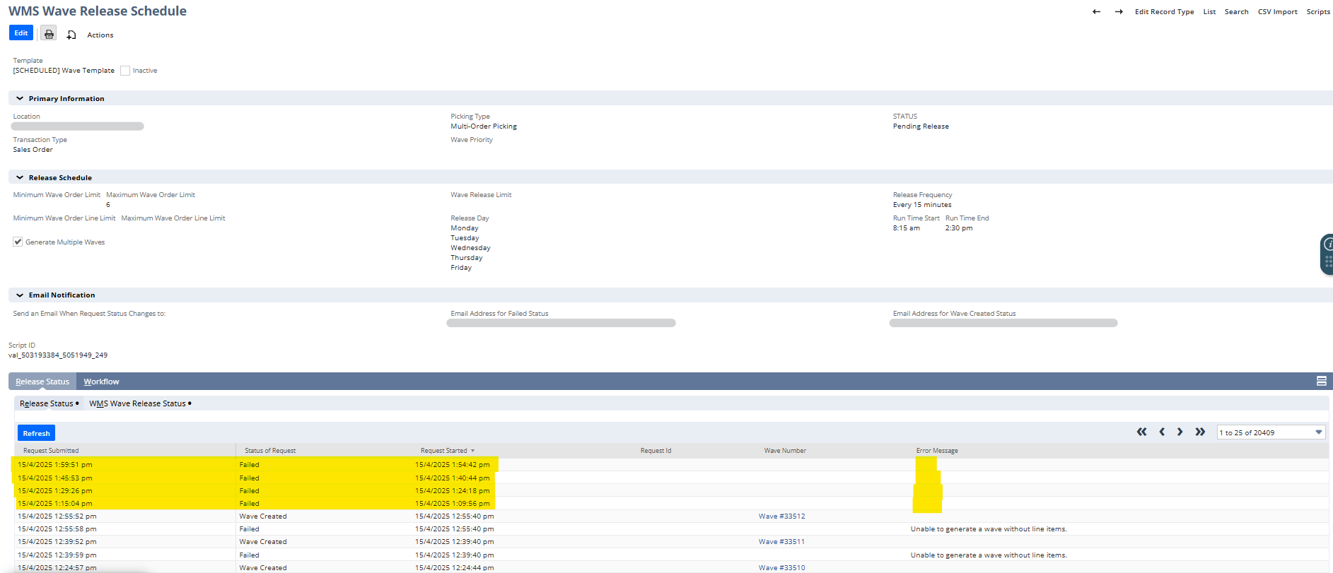 WMS Wave Release Schedule not working — NetSuite Community