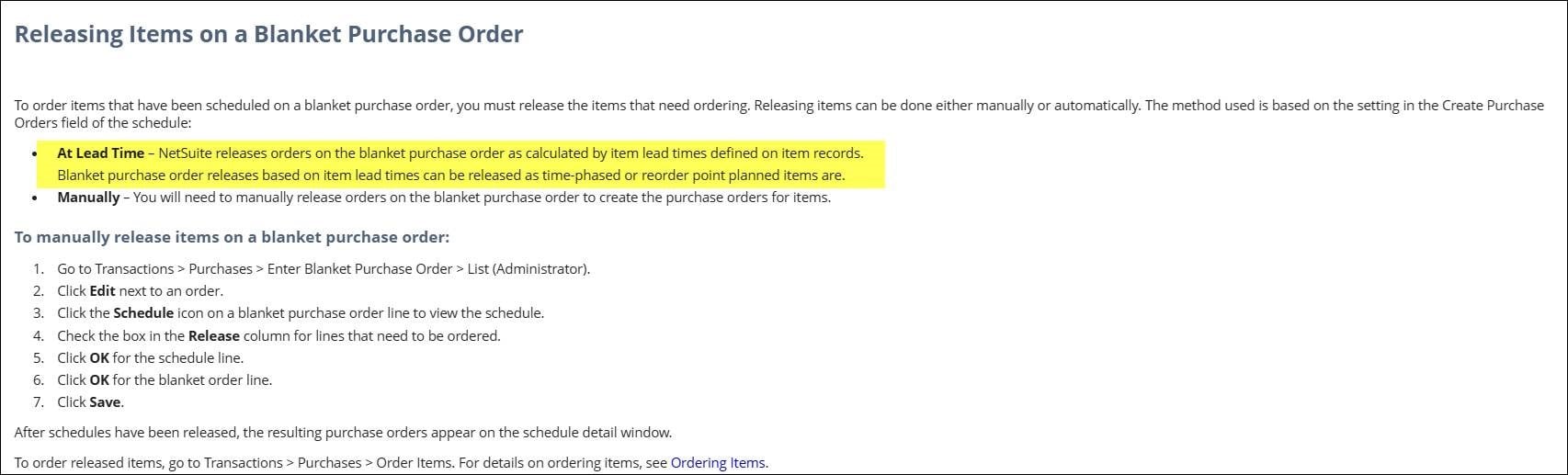 how to use At Lead Time in blanket purchase orders — NetSuite Community