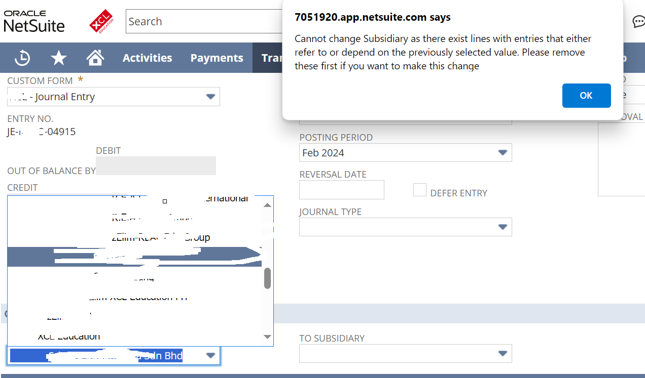 Cannot change Subsidiary as there exist lines with entries that either ...