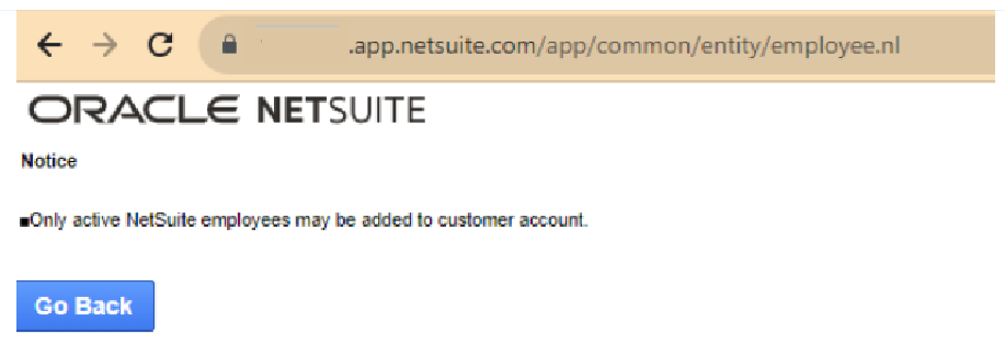 Unable to add my Netsuite Email to Customer account as an employee while provisioning new ...
