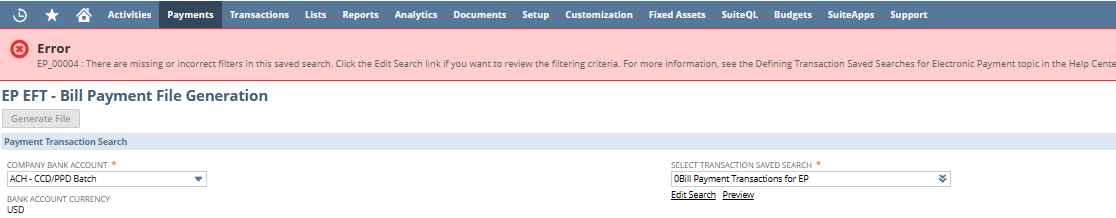 Issue on EP EFT-Bill Payment File Generation page: There are missing or ...