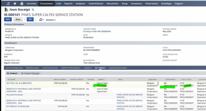 Why is Item receipt's GL Impact Cost of Sales Adjustment has Department ...
