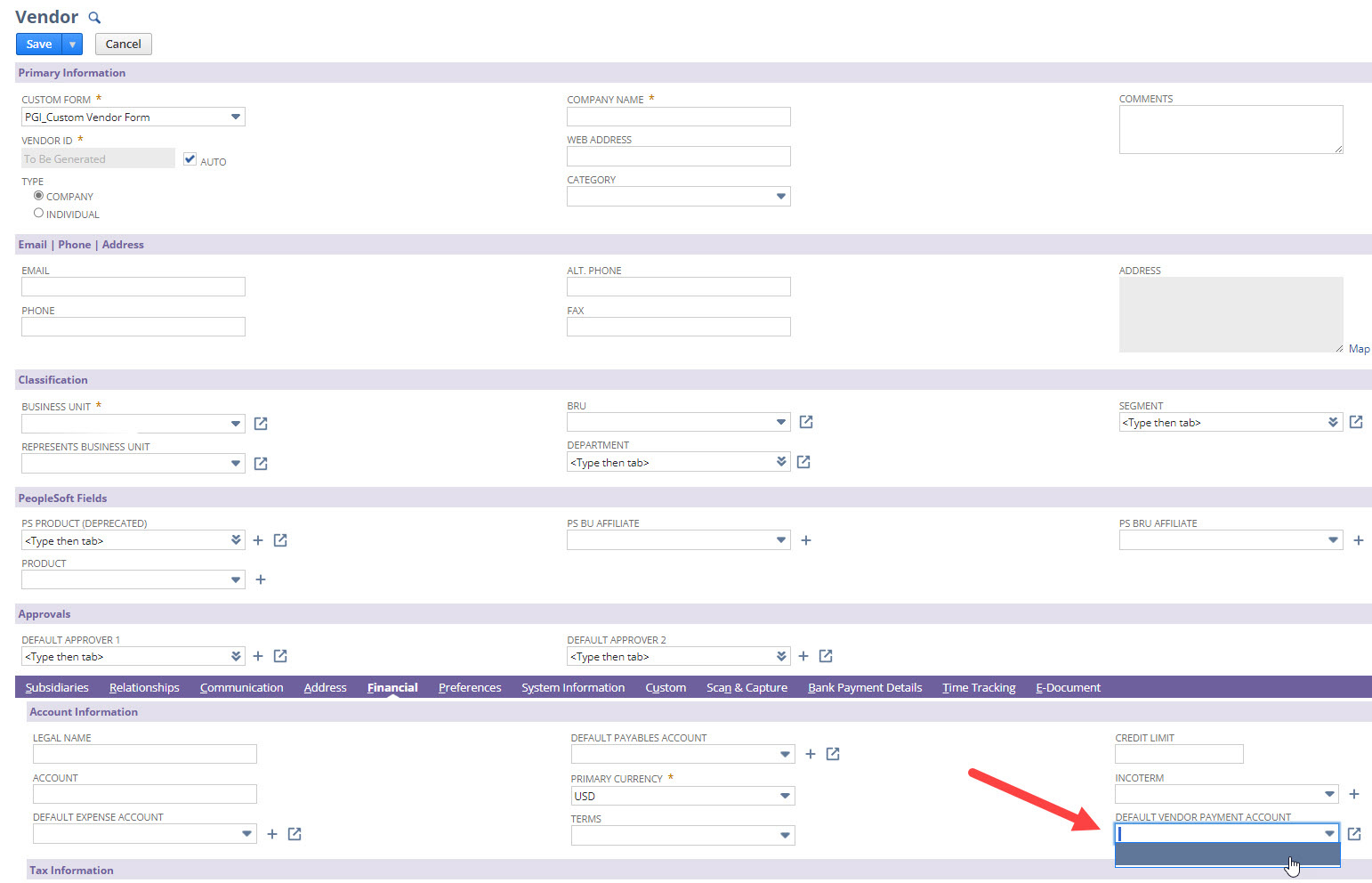 Default Vendor Payment Account Not Showing Dropdown List For New