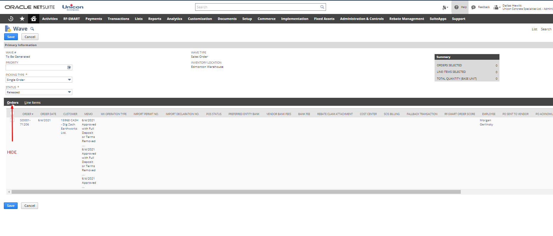 How do i change the "New Wave Page" to only allow Line Items? — NetSuite Community