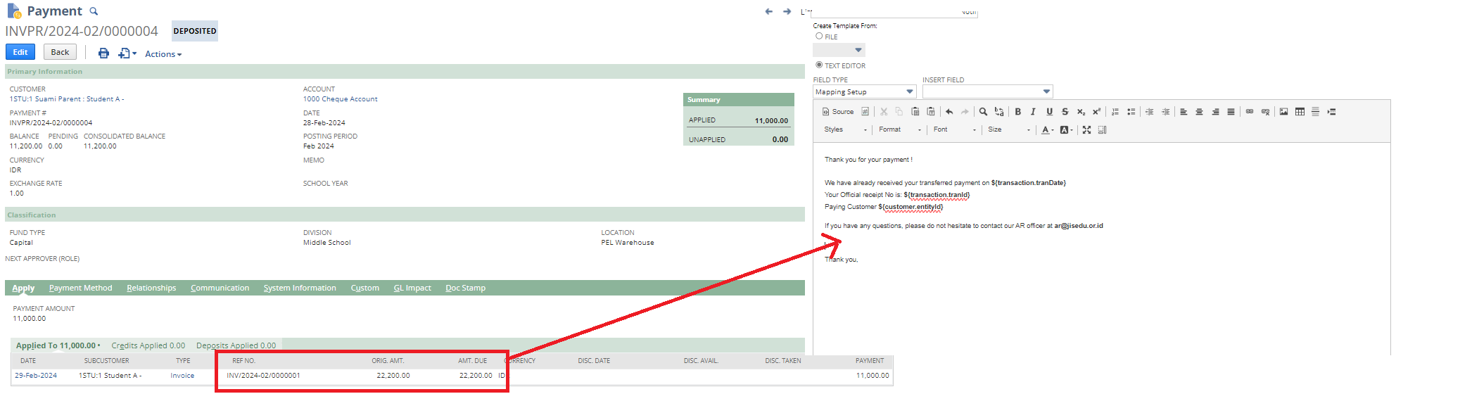 showing invoice applied in the email template — NetSuite Community