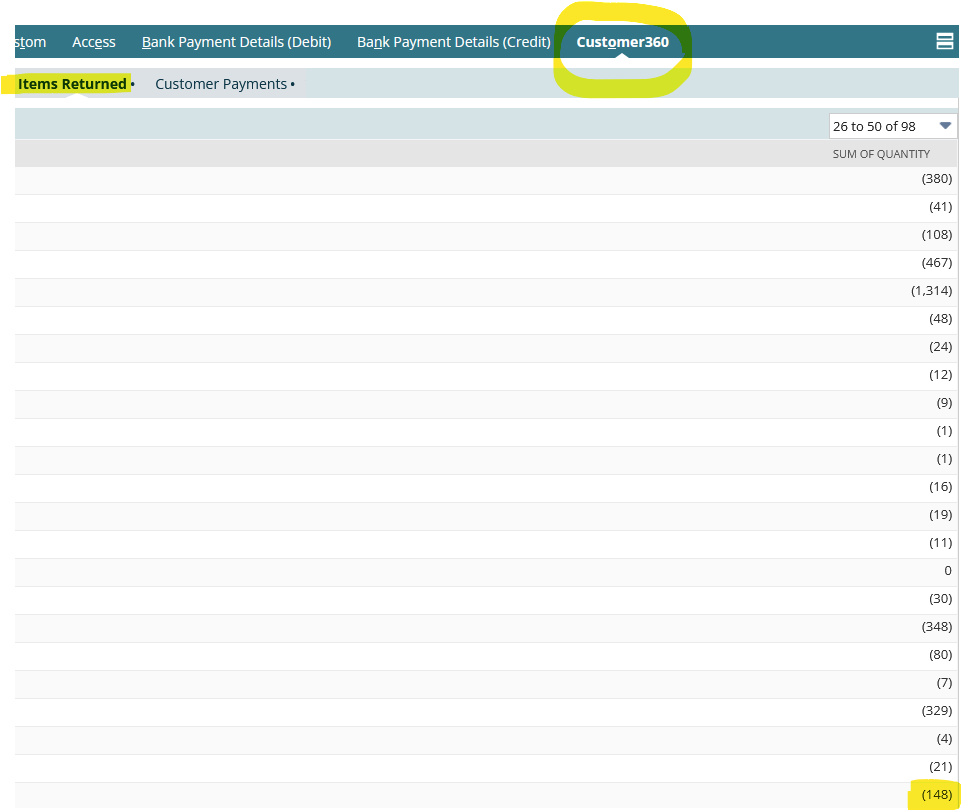 Question on items returned on the Customer 360 subtab on the customer ...