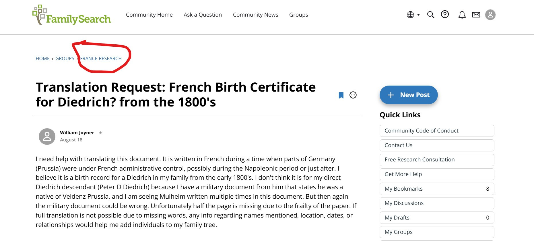 Translation Request: French Birth Certificate for Diedrich? from the ...