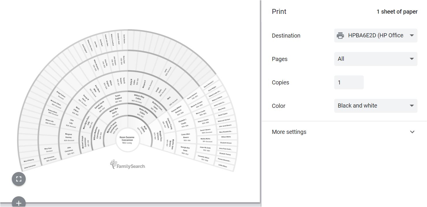 How do I print a fan chart showing the countries/states my ancestors ...