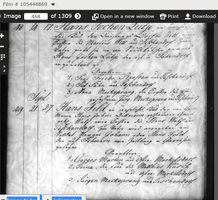 a baptism record form Fehmarn, Germany in 1809 of Hans Feld. I am ...